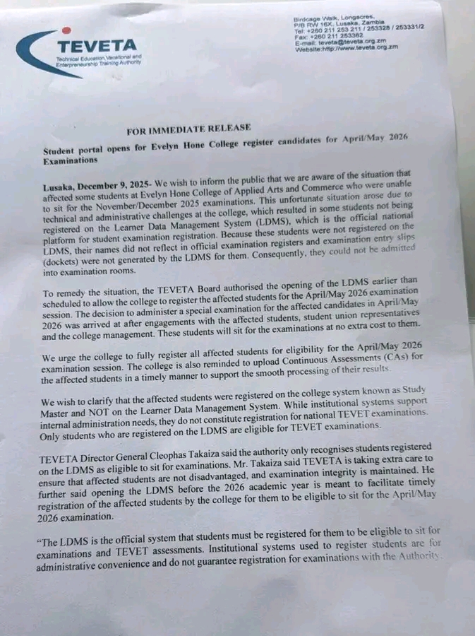 TEVETA OPENS PORTAL FOR AFFECTED EVELYN HONE STUDENTS AFTER GOVERNMENT ...